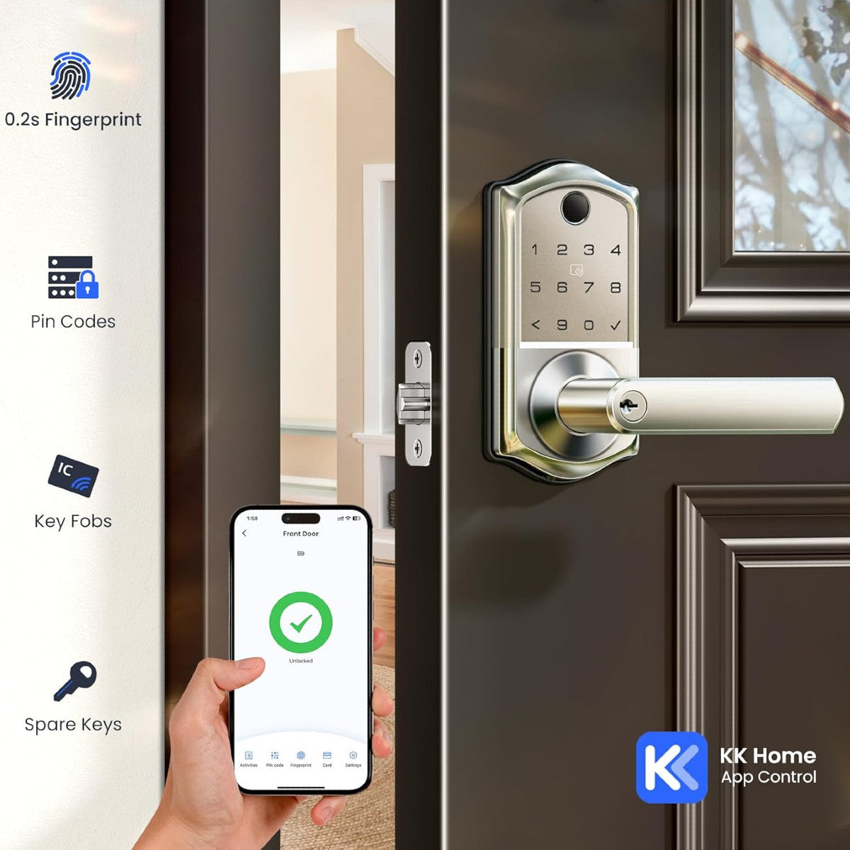 Keyless Entry VE019 Satin Nickel Keypad Smart Door Lever - DoorCorner.com